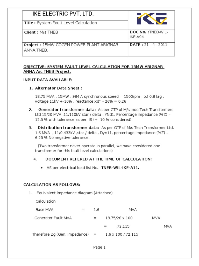 Ike Electric Pvt. LTD.: System Fault Level Calculation M/S Tneb | PDF ...