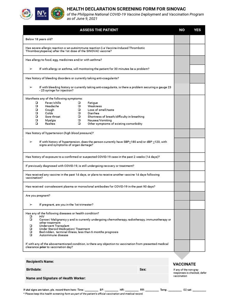 Health Declaration Screening Form (Sinovac) | PDF | Allergy | Vaccines