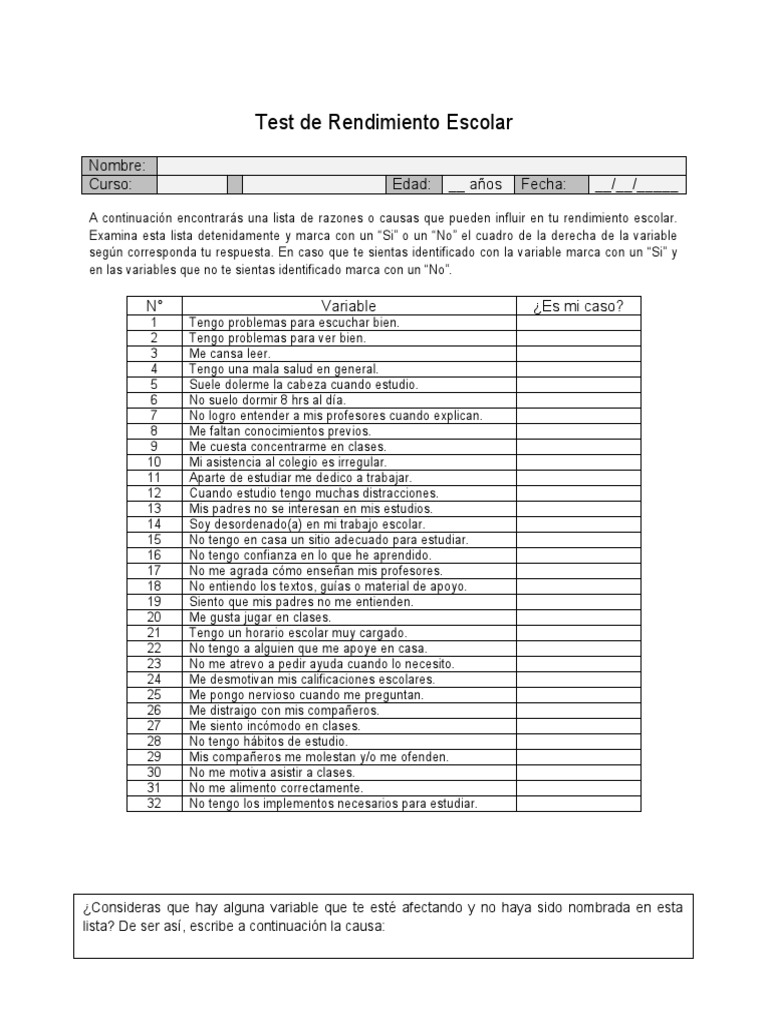 Test De Rendimiento Escolar Y Factores Afectantes Pdf