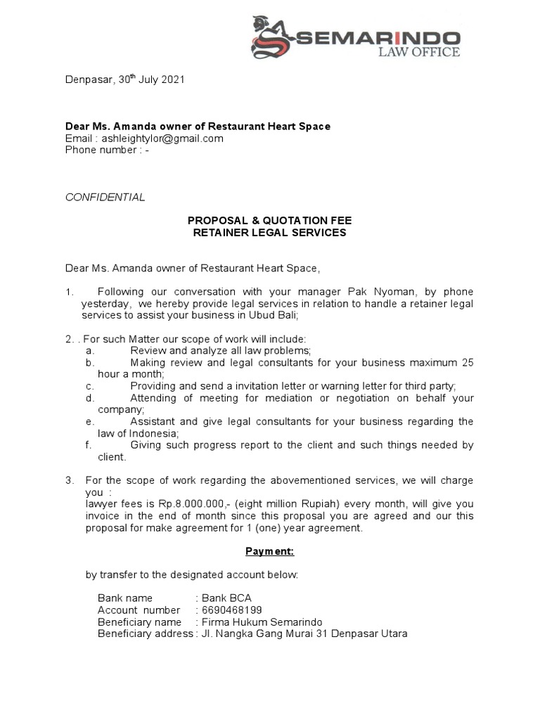 Proposal Lawyer Fee Ms. Amanda | PDF | Confidentiality | Lawyer