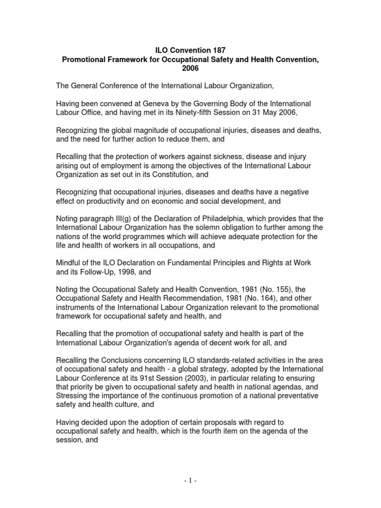 ILO Convention 187: Safety and Health Framework | PDF | International ...