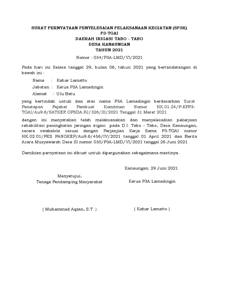 Surat Pernyataan Penyelesaian Pelaksanaan Kegiatan (SP3K) | PDF