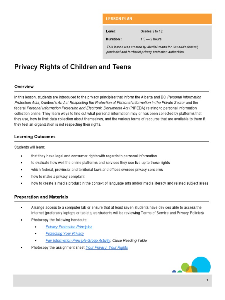 Lesson Plan 3 Privacy Rights of Children and Teens English | PDF ...