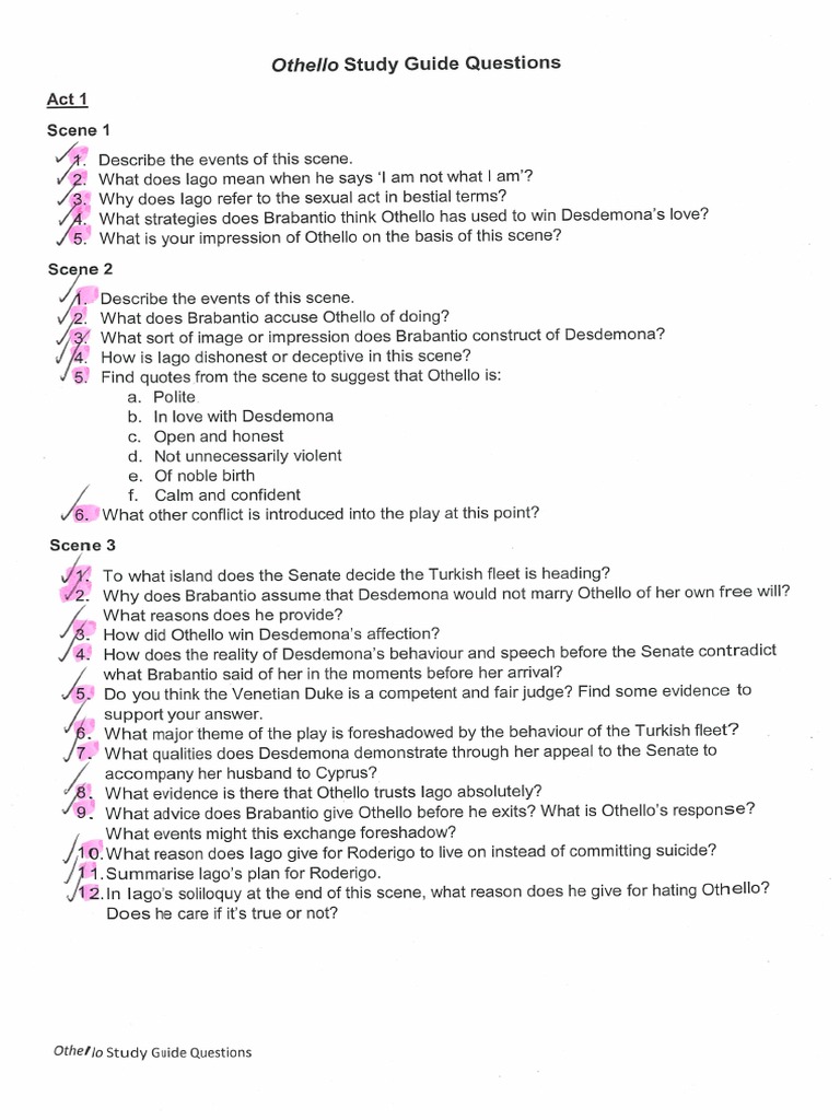 Year 11 Othello Study Guide Questions | PDF