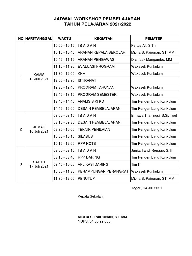 Jadwal Workshop Sekolah | PDF | Kesehatan Holistik