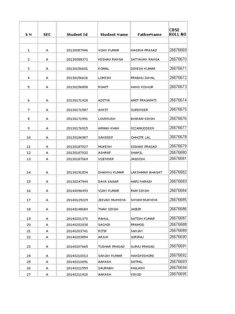 SN Sec Student Id Student Name Fathername: Cbse Roll No | Download Free ...