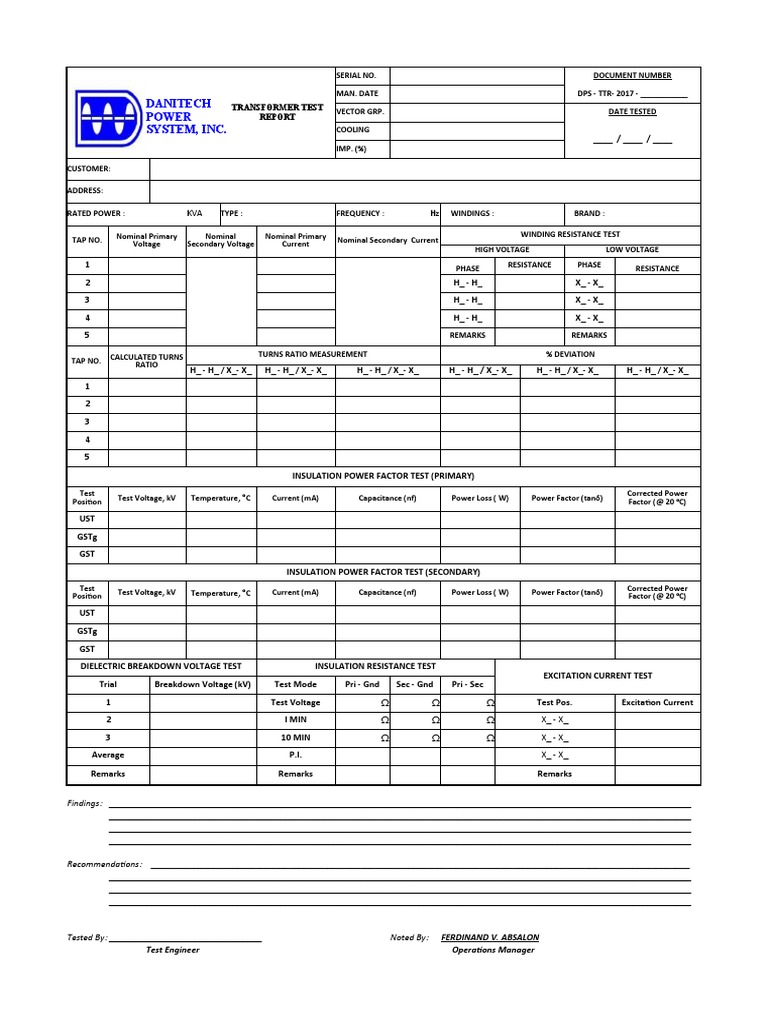 Transformer Test Form | PDF | Transformer | Electrical Engineering
