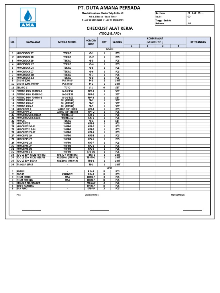 Tools & Apd-Checklist Alat Kerja-Teknisi-Dap | PDF