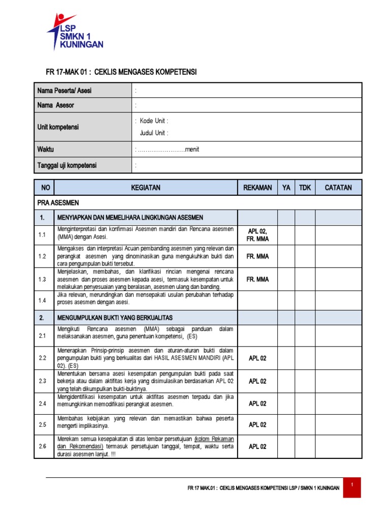 Ceklis Asesmen Kompetensi 17-MAK | PDF