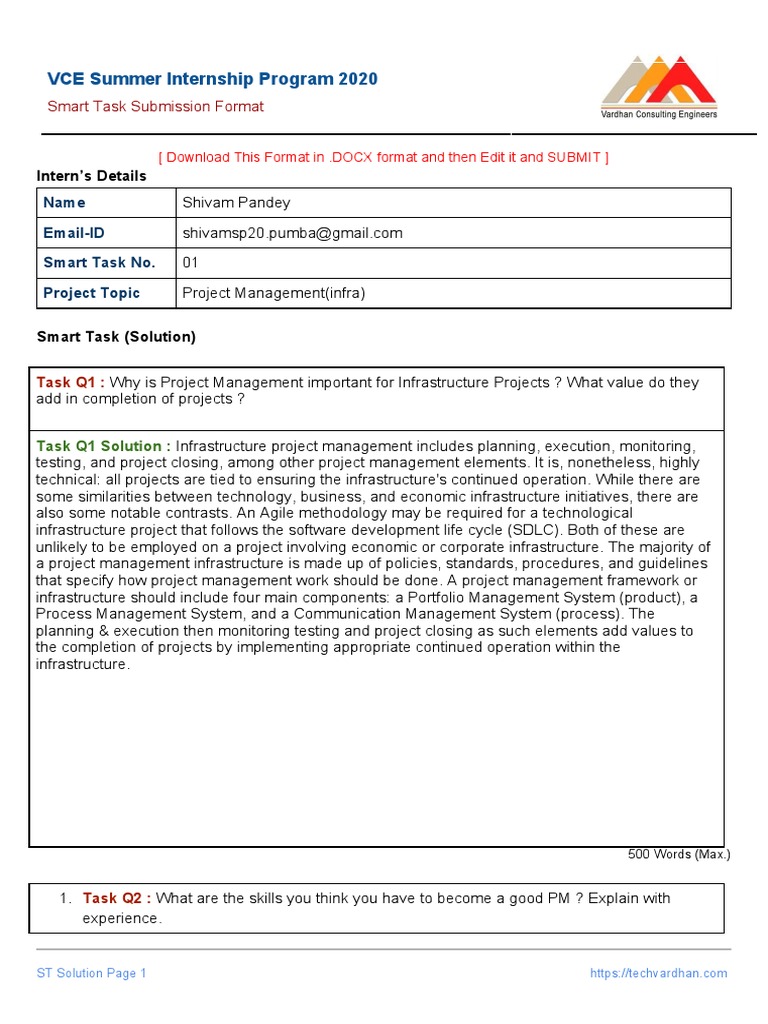 VCE Summer Internship Program 2020: Smart Task Submission Format ...