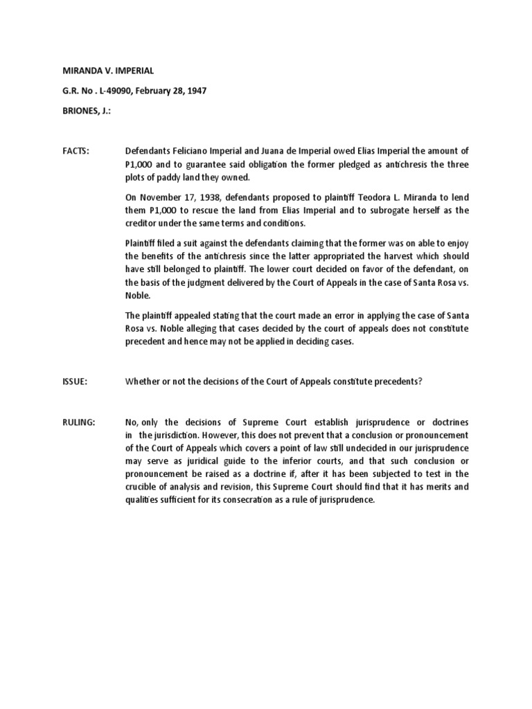 Digest Miranda v. Imperial 77 Phil 1066 | PDF