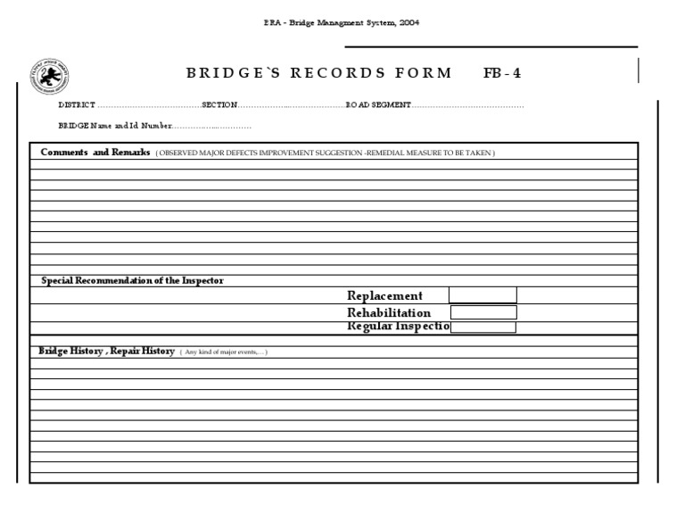 Bridge Data Collection ERA Standard Form FB - 4 | PDF