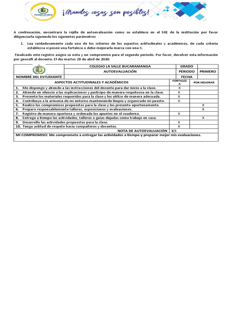 FORMATO AUTOEVALUACIÓN Lengua Castellana | PDF