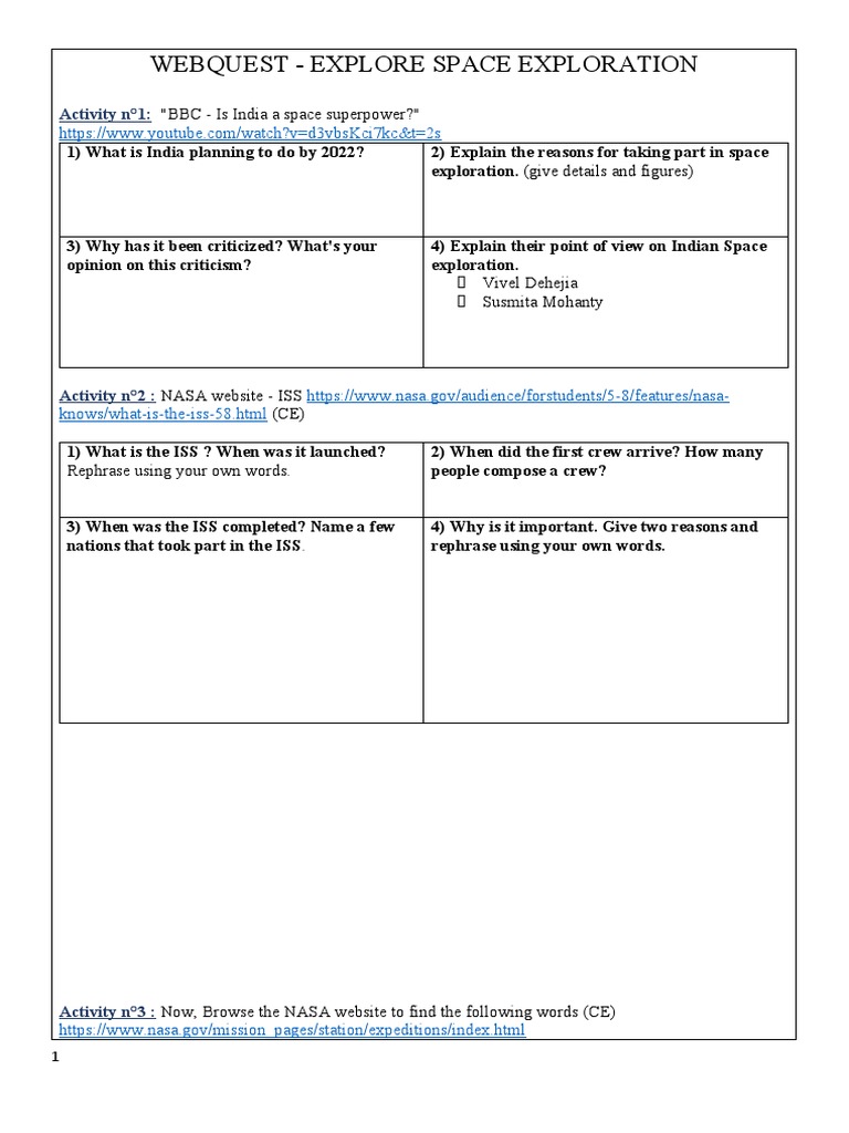 Space Exploration Webquest Activities | PDF | International Space ...