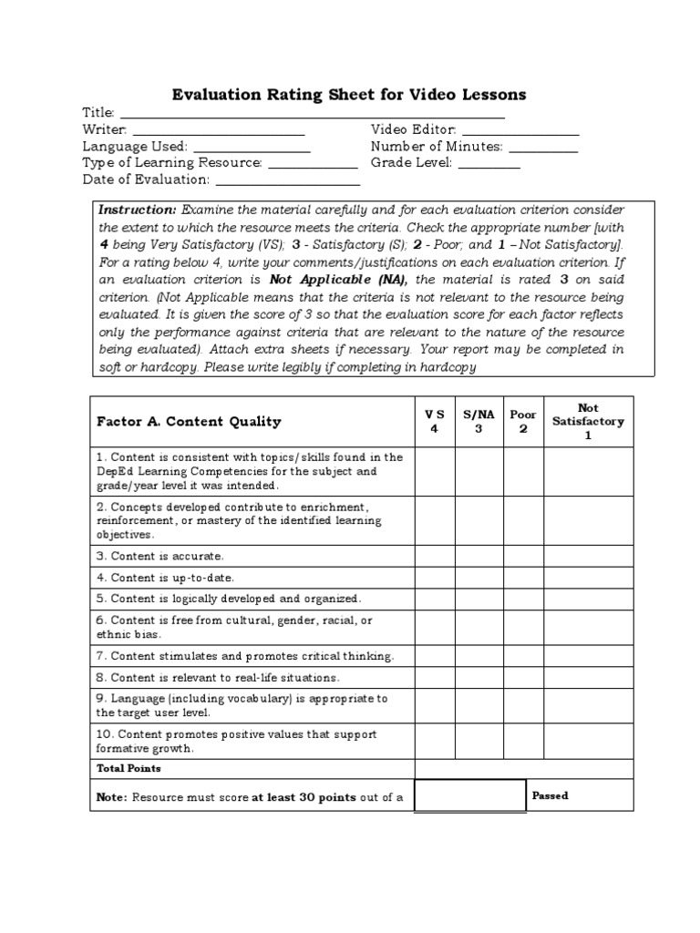 Video Lesson Evaluation Rating Sheet | PDF | Evaluation | Learning
