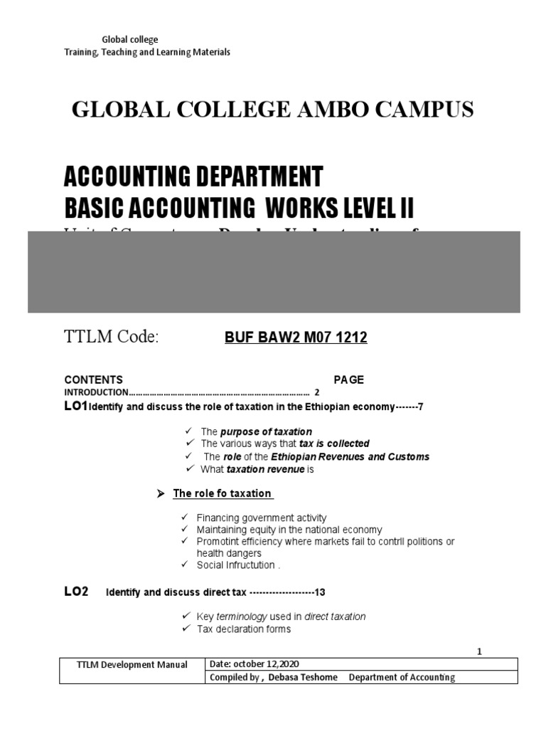 Accounting Department Basic Accounting Works Level Ii: Global College Ambo Campus | PDF | Taxes ...