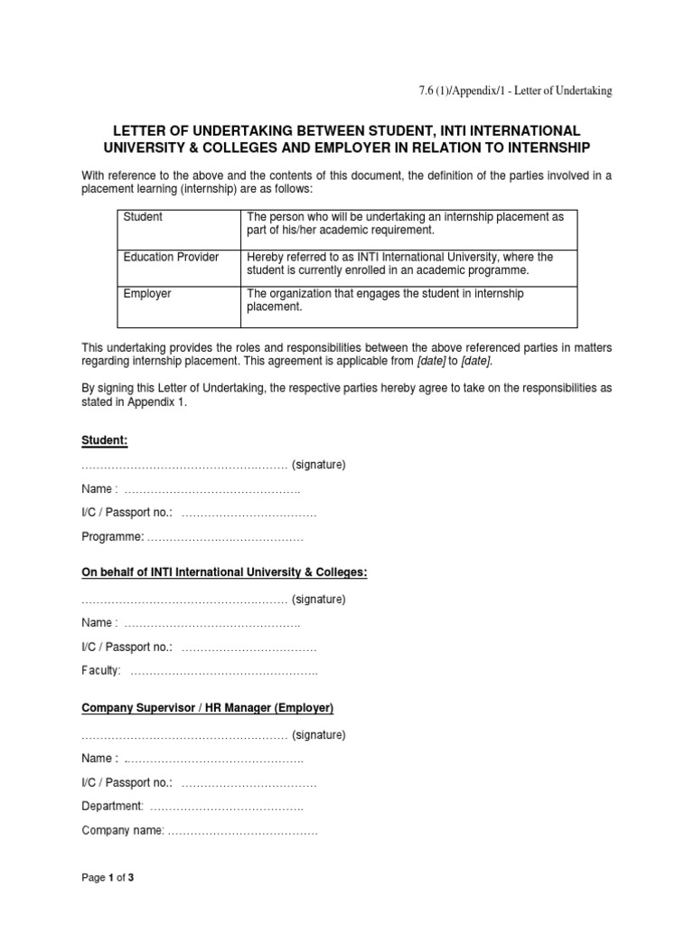 7.6 (1) - Appendix-1 Letter of Undertaking | PDF | Internship | Job Hunting