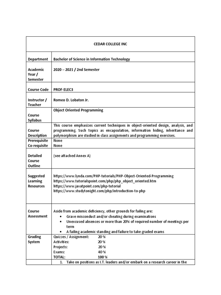 OOP Syllabus | PDF | Php | Class (Computer Programming)