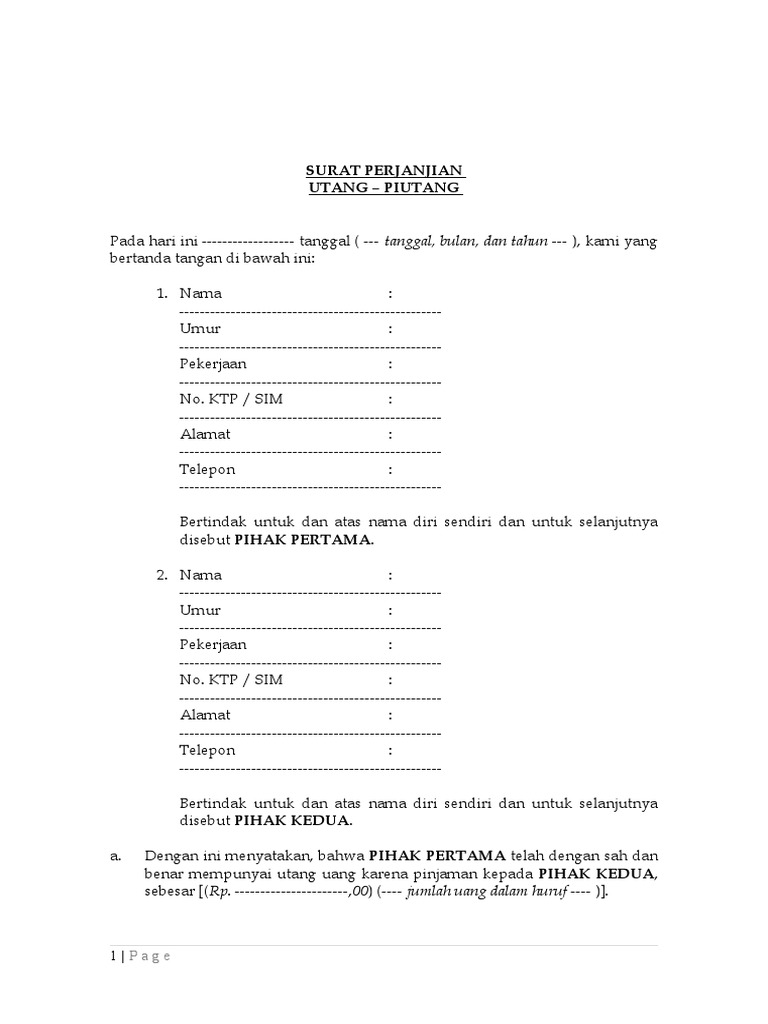 Contoh Surat Perjanjian Utang Piutang FH UII | PDF