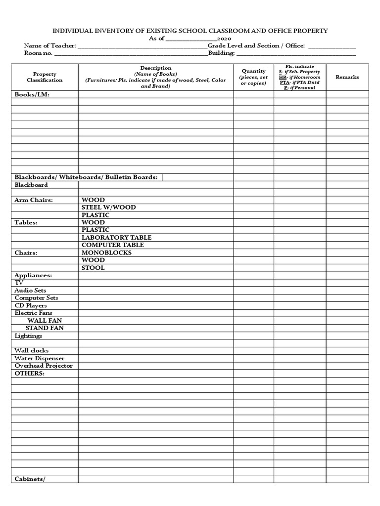 School Classroom Inventory Checklist | PDF