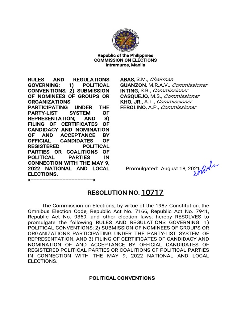 Comelec Resolution No. 10717 | PDF