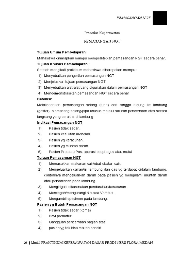 Tujuan Umum Pembelajaran:: Prosedur Keperawatan Pemasangan NGT | PDF