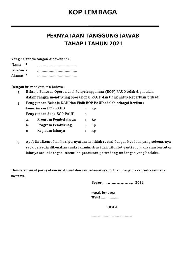 Laporan Awal BOP PAUD Tahun 2021 Ahap I | PDF