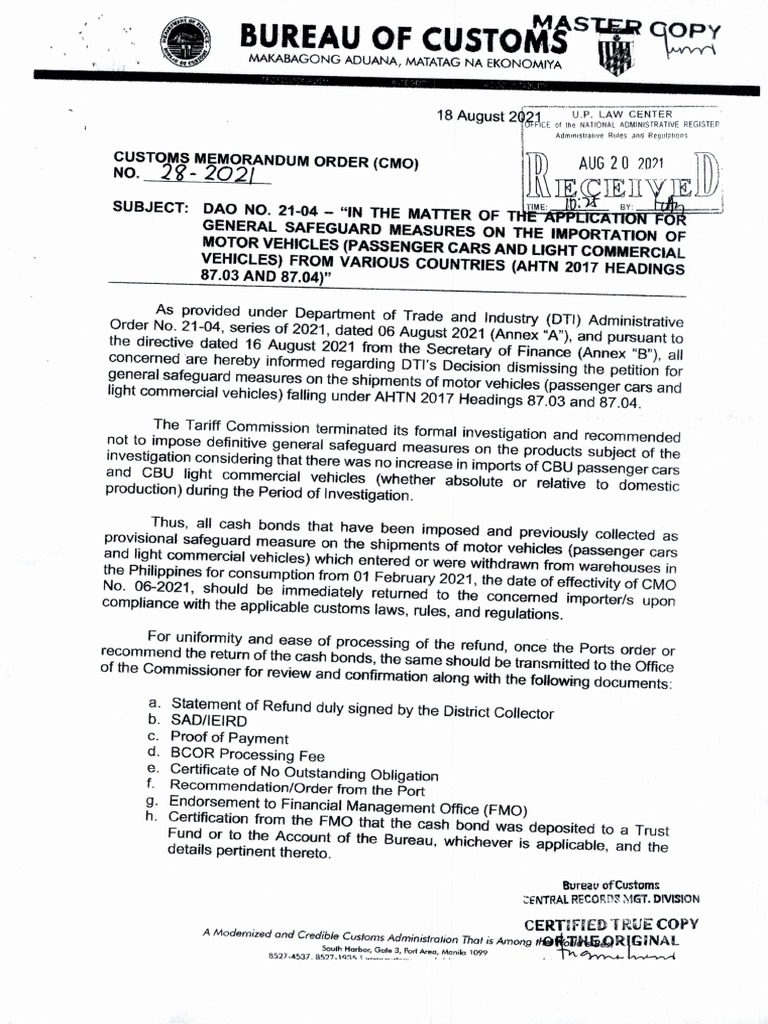 Bureau of Customs Customs Memorandum Order 28-2021 | PDF