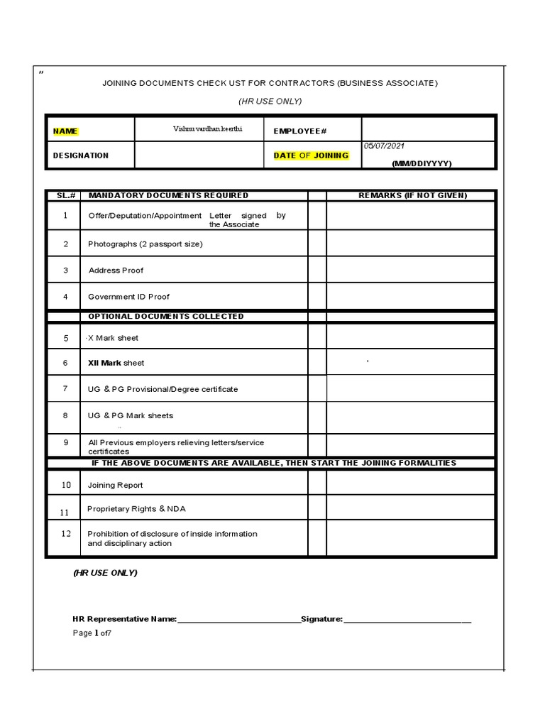 CWR Joining Booklet - Personal Details Vishnu | PDF | Government