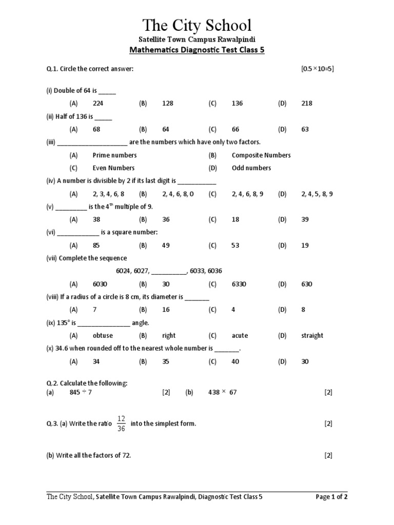 Mathematics Diagnostic Test Class 5 Session 2021-2022 | PDF ...