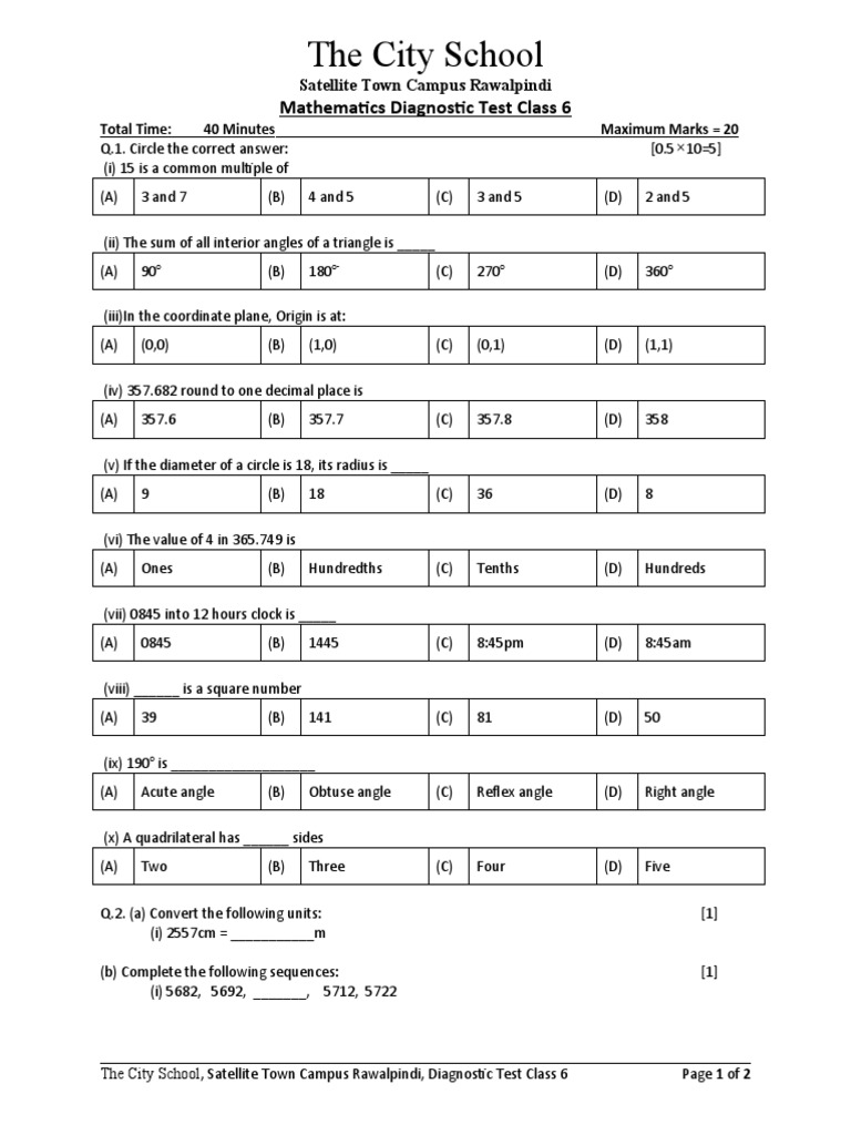 Mathematics Diagnostic Test Class 6 Session 2021-2022 | PDF | Triangle ...
