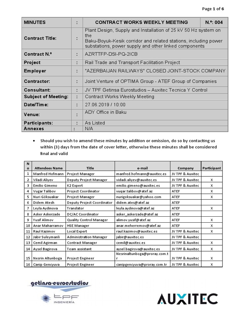 Minutes: Contract Works Weekly Meeting N.º: 004: N o Attendees Name ...