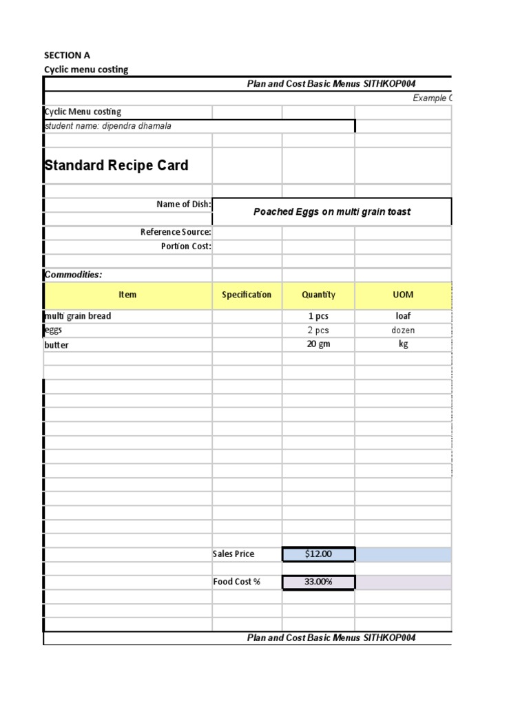Standard Recipe Card: Section A Cyclic Menu Costing | PDF | Menu | Foods