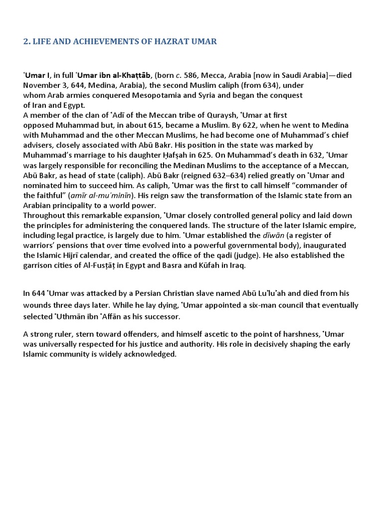Life and Achievements of Hazrat Umar | PDF | Religion & Spirituality