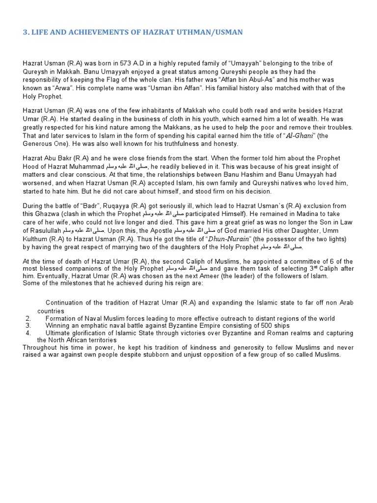 Life and Achievements of Hazrat Uthman Usman | PDF | Muhammad ...