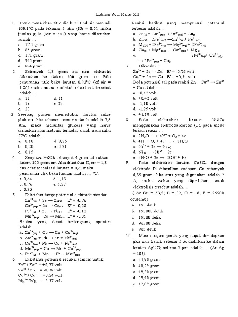 Latihan Soal Kelas XII Koligatif-Elektrokimia | PDF
