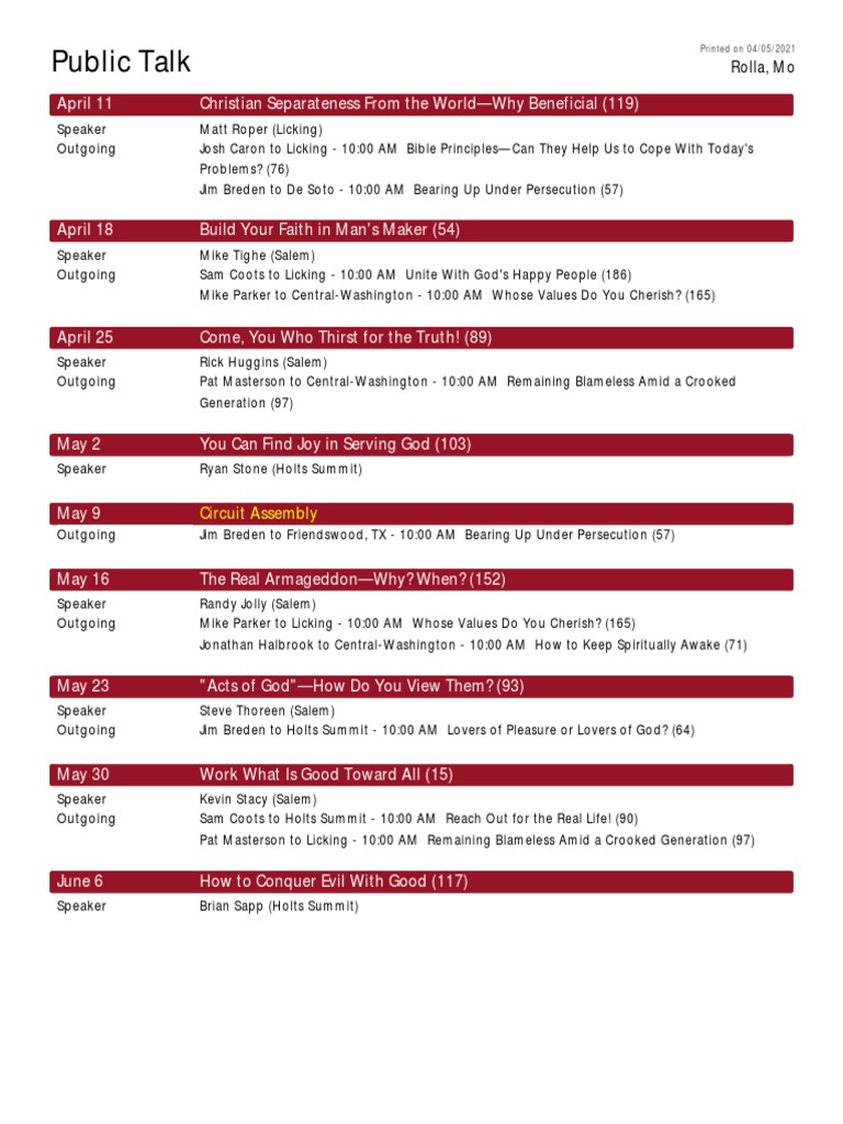 Public Talk Schedule | PDF | Theology | Religious Belief And Doctrine