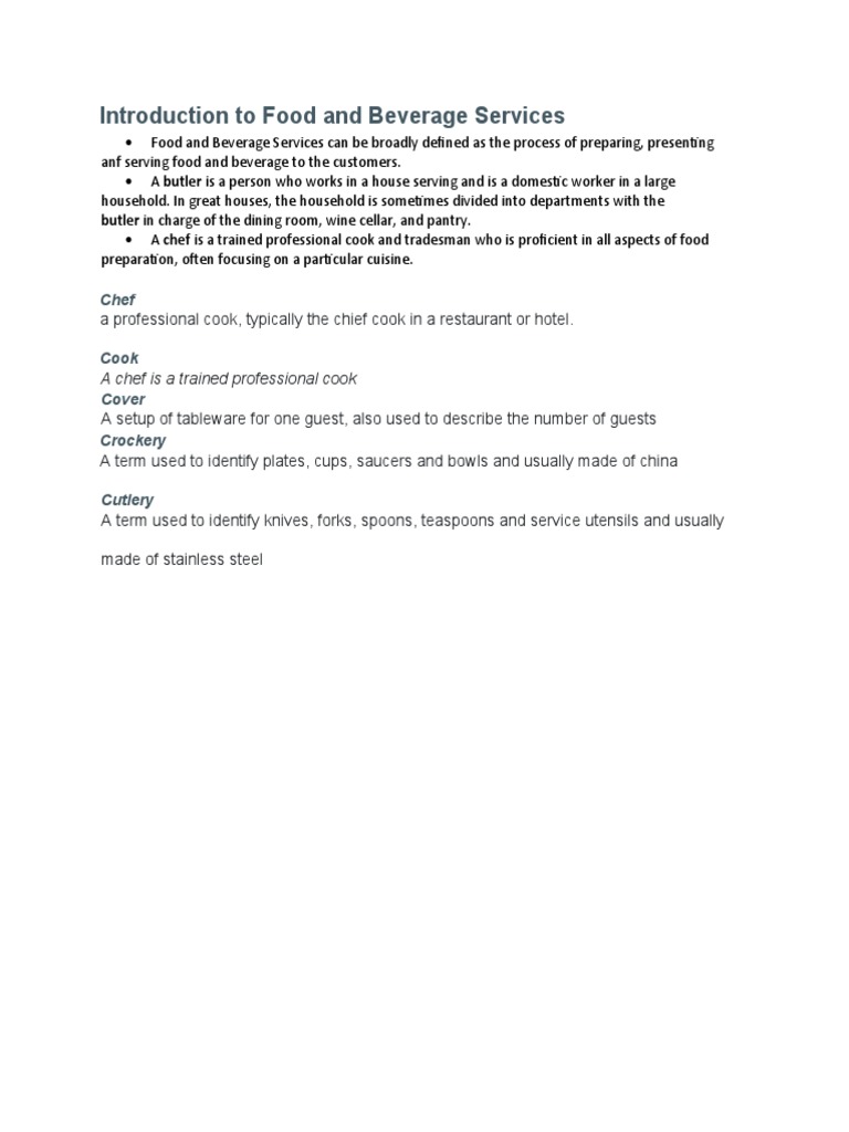 Introduction To Food and Beverage Services | PDF | Tableware | Restaurants