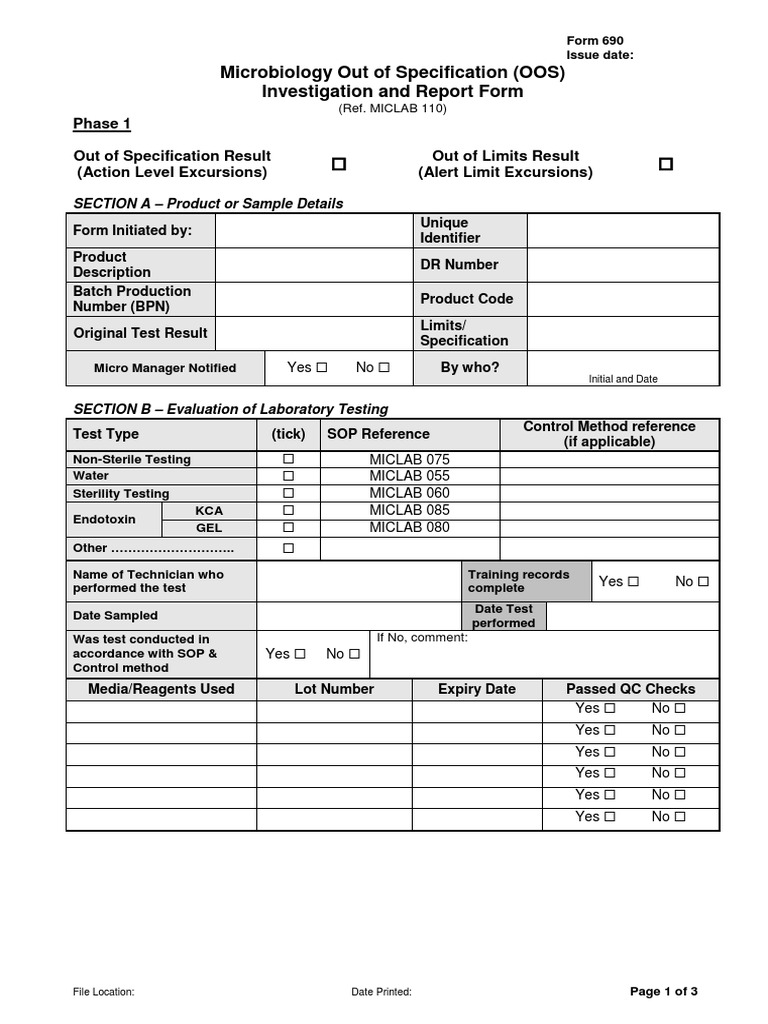 Form 690 Microbiology Out of Specification OOS Investigation and Report ...