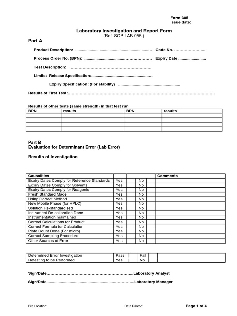 Laboratory Investigation and Report Form Part A: (Ref. SOP LAB-055 ...