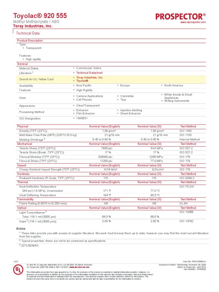 Toyolac® 920 555: Toray Industries, Inc | PDF | Pascal (Unit) | Extrusion