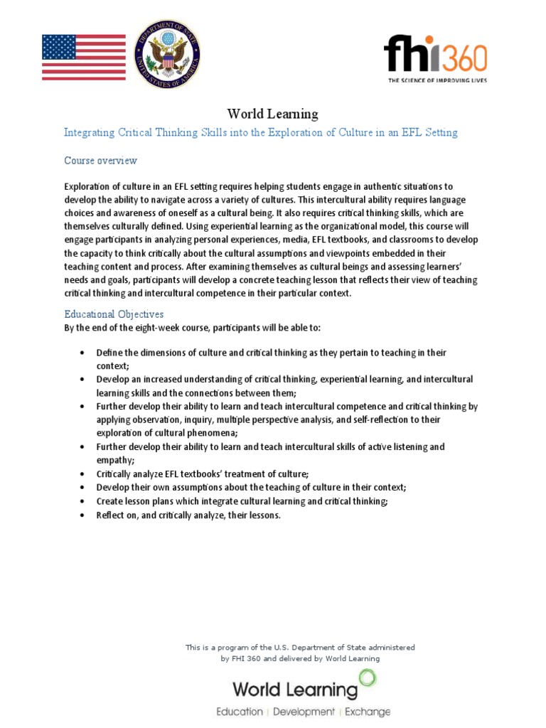 World Learning: Integrating Critical Thinking Skills Into The ... World Learning: Integrating Critical Thinking Skills Into The ...
