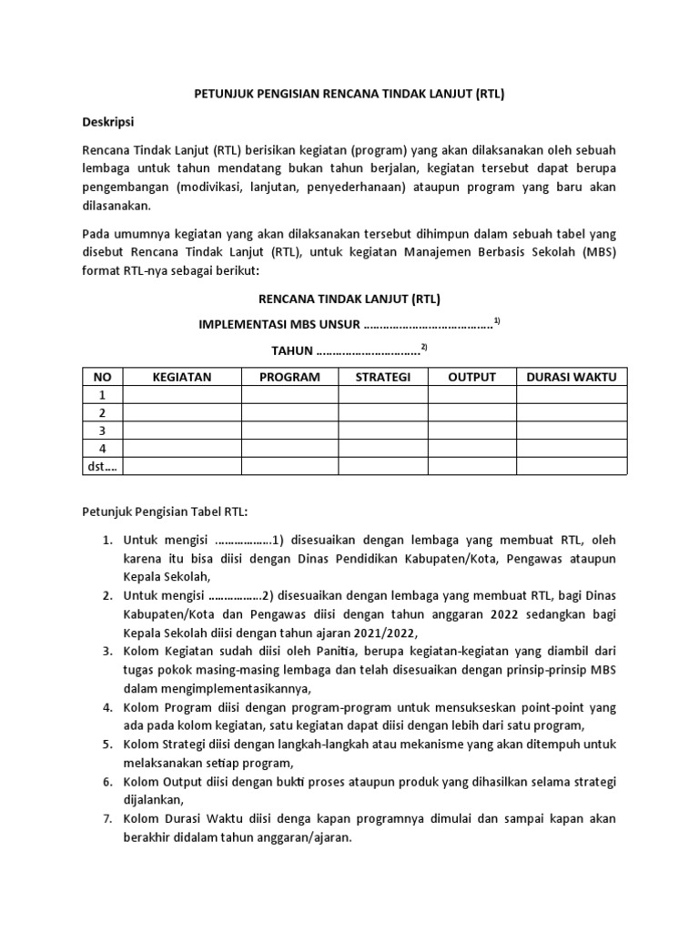Petunjuk Pengisian RTL MBS | PDF