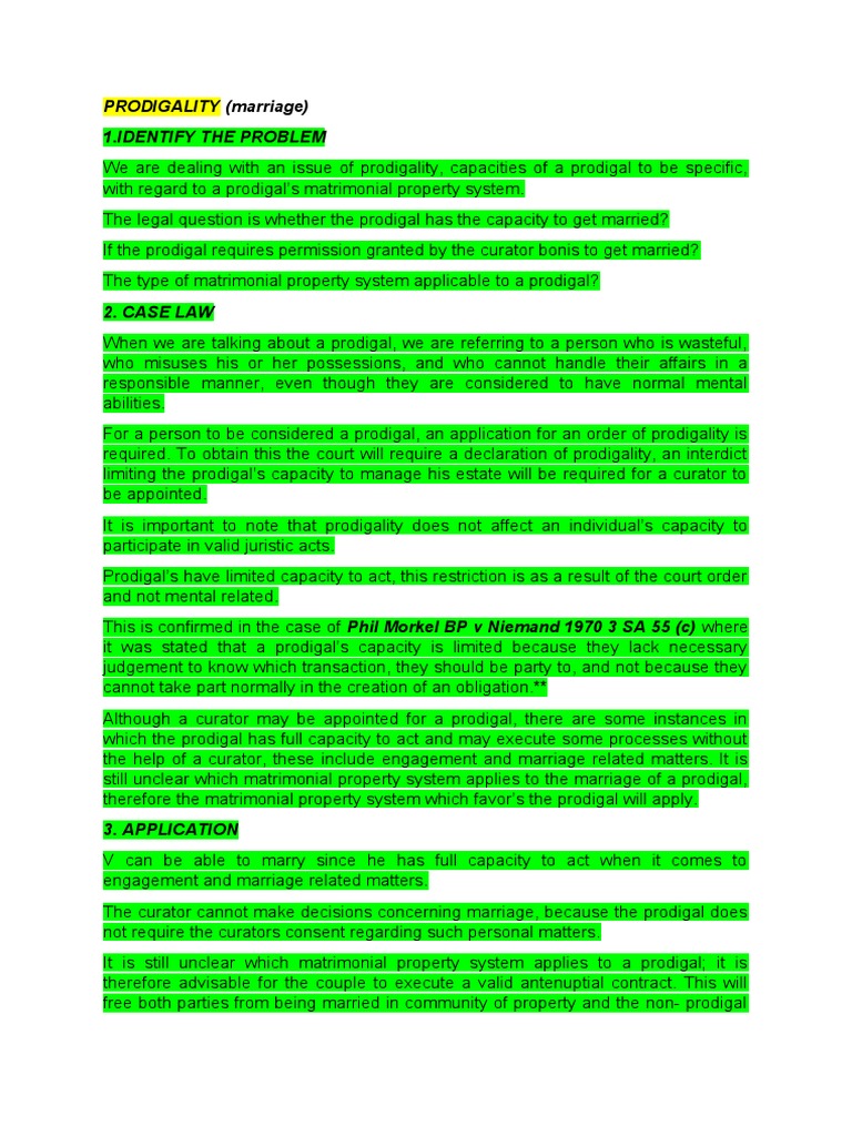 PRODIGALITY (Marriage) 1.identify The Problem | PDF | Domicile (Law ...