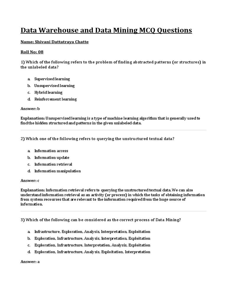 Data Warehouse and Data Mining MCQ Questions: Name: Shivani Dattatraya Chatte Roll No: 08 | PDF ...