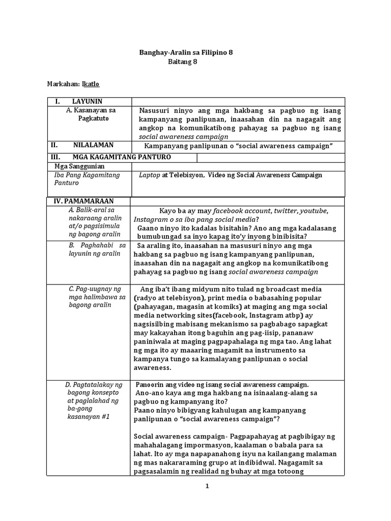 LESSON PLAN COT Filipino 8 3rd Quarter | PDF