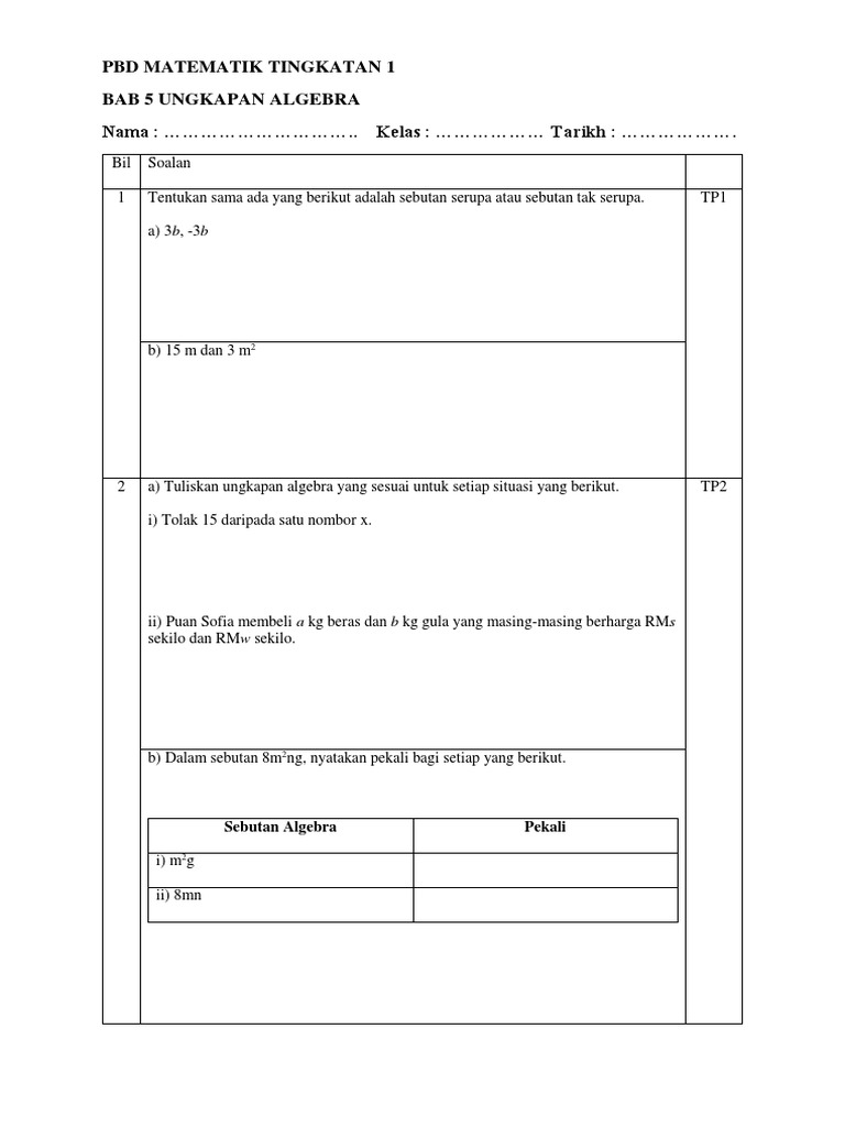 Ungkapan Algebra Matematik Tingkatan 1 | PDF