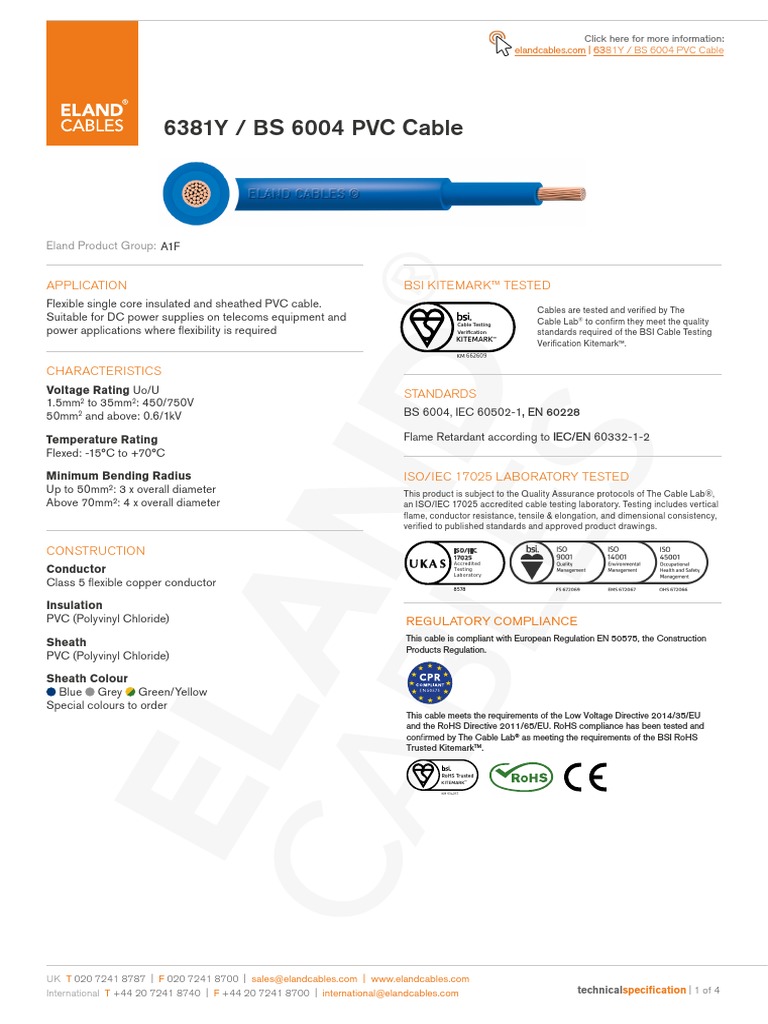 Eland Cable - 6381y-Bs-6004-Pvc-Cable | PDF | Electrical Wiring ...