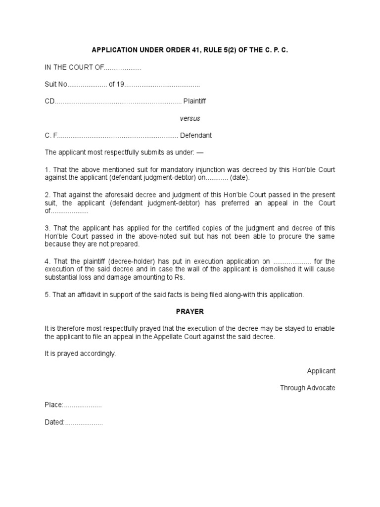 Application for Stay under CPC Order 41 | PDF