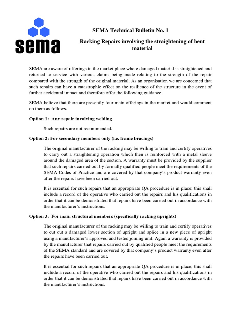 SEMA Bulletin No 1 Rackingrepair | PDF | Business | Technology ...